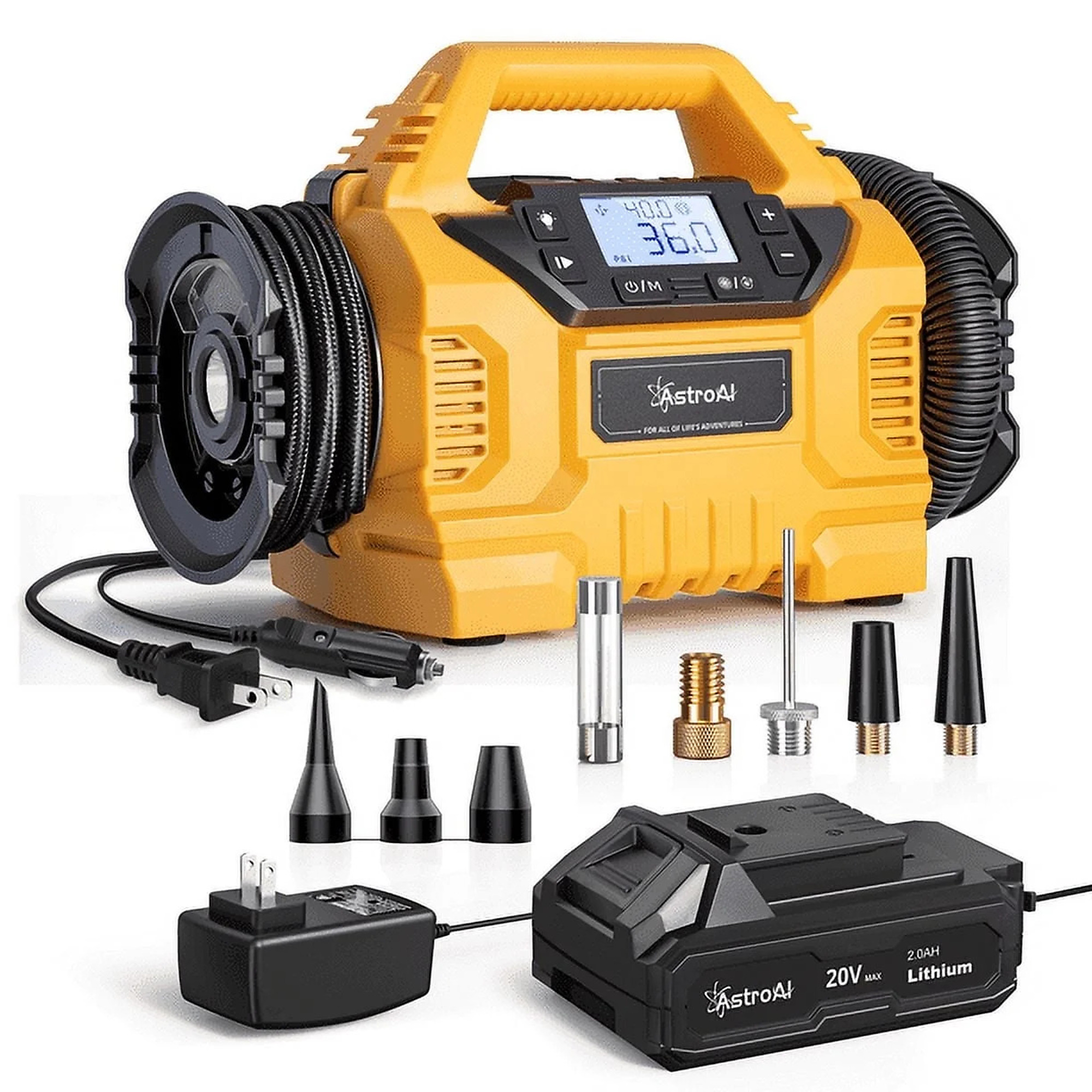 AstroAI, 160PSI Tire Inflator 3 Power Sources Air Pump, Power Source Corded with Battery Backup ...